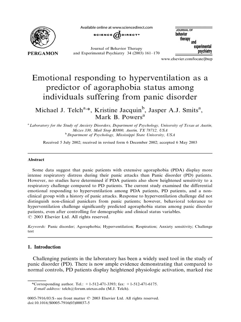 Emotional Response to Hyperventilation Predicts Agoraphobia Status | PDF | Agoraphobia | Panic ...