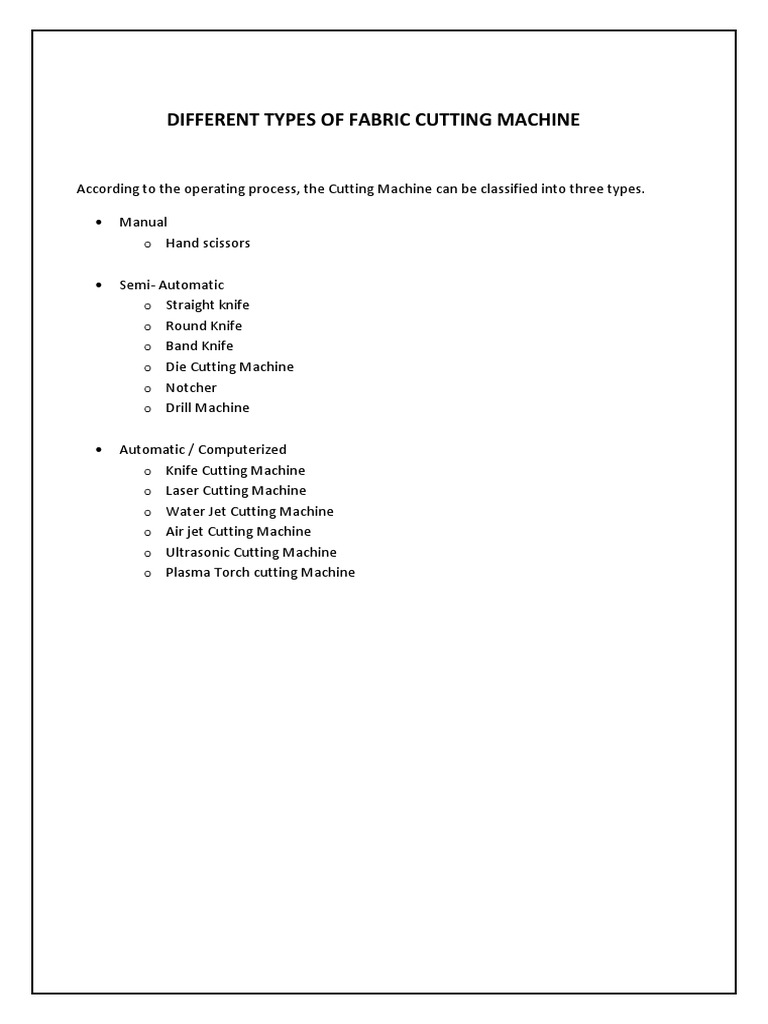 Types of Fabric Cutting Machines | PDF | Knife | Drill