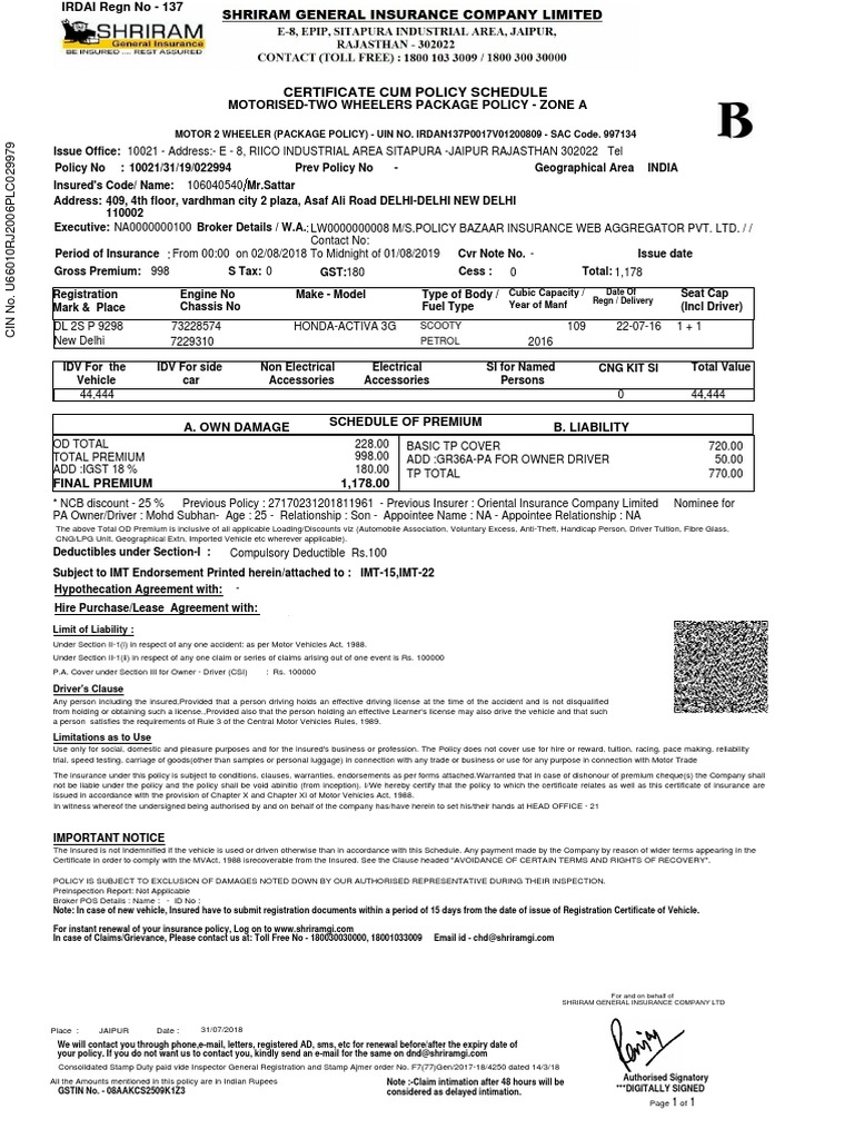 Motorcycle Insurance Policy Details for Mr. Sattar Insuring One Honda ...