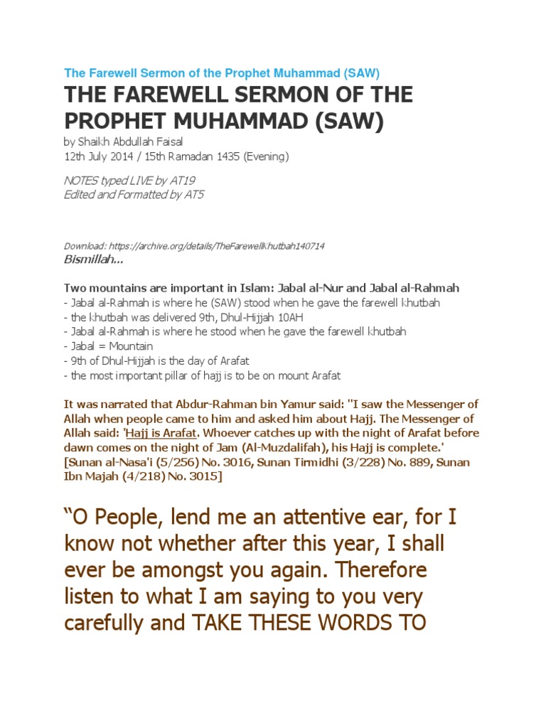 The Farewell Khutbah (Sermon) of The Prophet ( ) (Notes ...