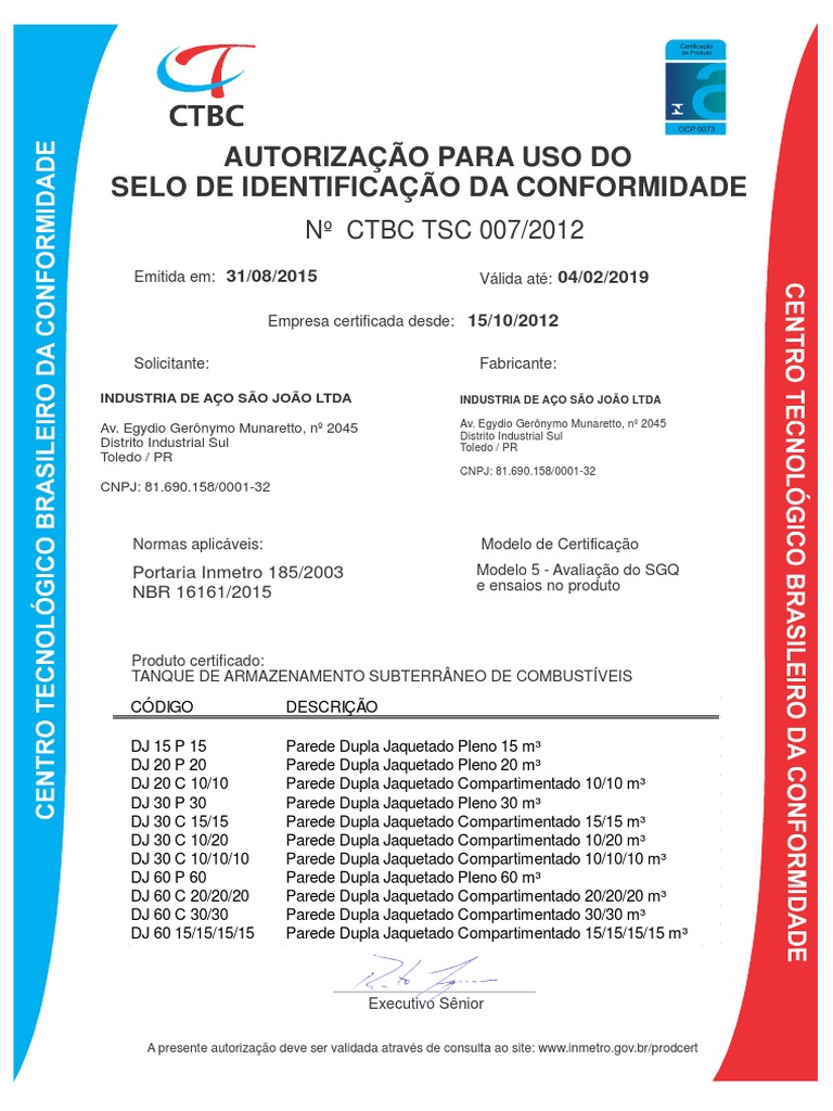 Certificado Inmetro - Tanque 16161 | PDF