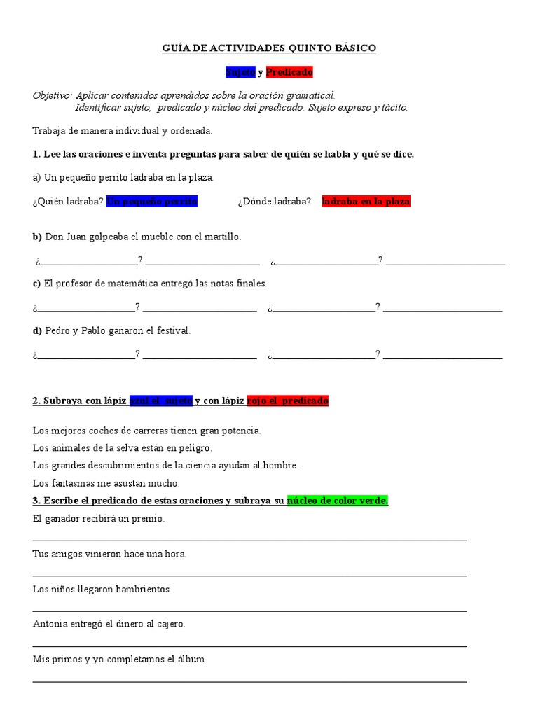 Guía de Sujeto y Predicado 5° Básico | PDF | Asunto (gramática ...