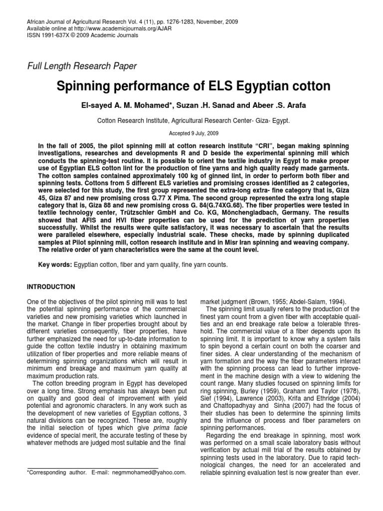 Spinning Performance of ELS Egyptian Cotton: Full Length Research Paper ...