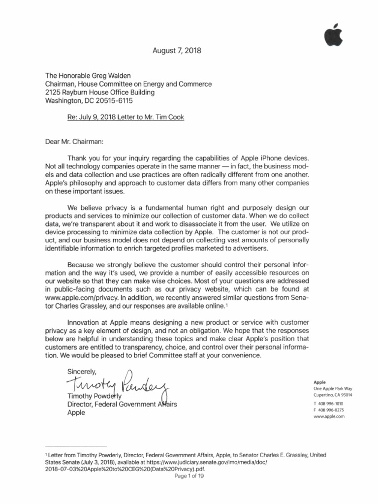 Apple Response To July 9 Letter | PDF