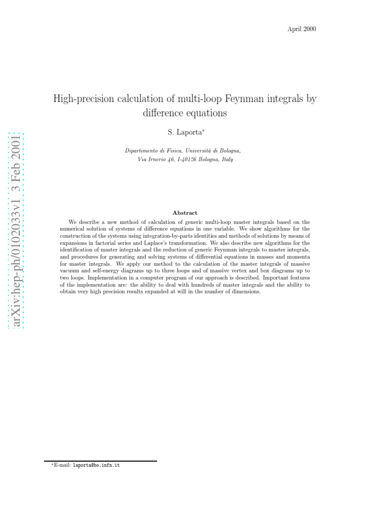 High-Precision Calculation of Multi-Loop Feynman Integrals by Difference Equations | Download ...