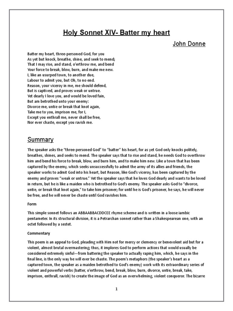 Holy Sonnet Xiv Batter My Heart John Donne Pdf Sonnets British