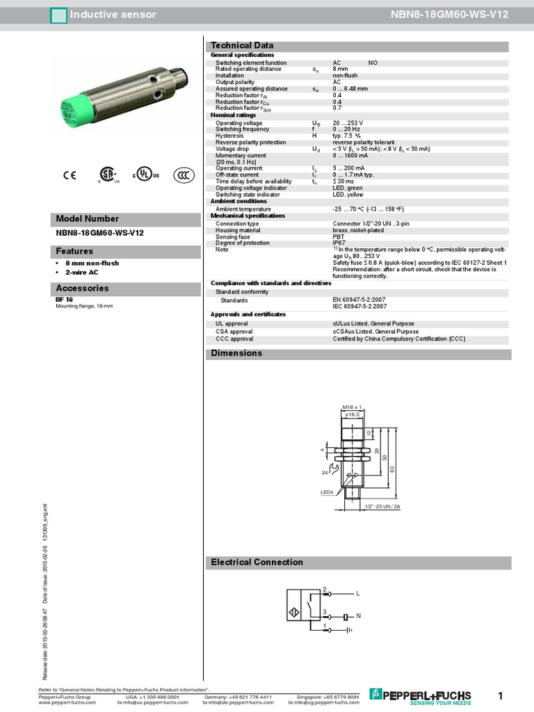 Inductive Proximity Sensor Technical Specifications and Approval ...