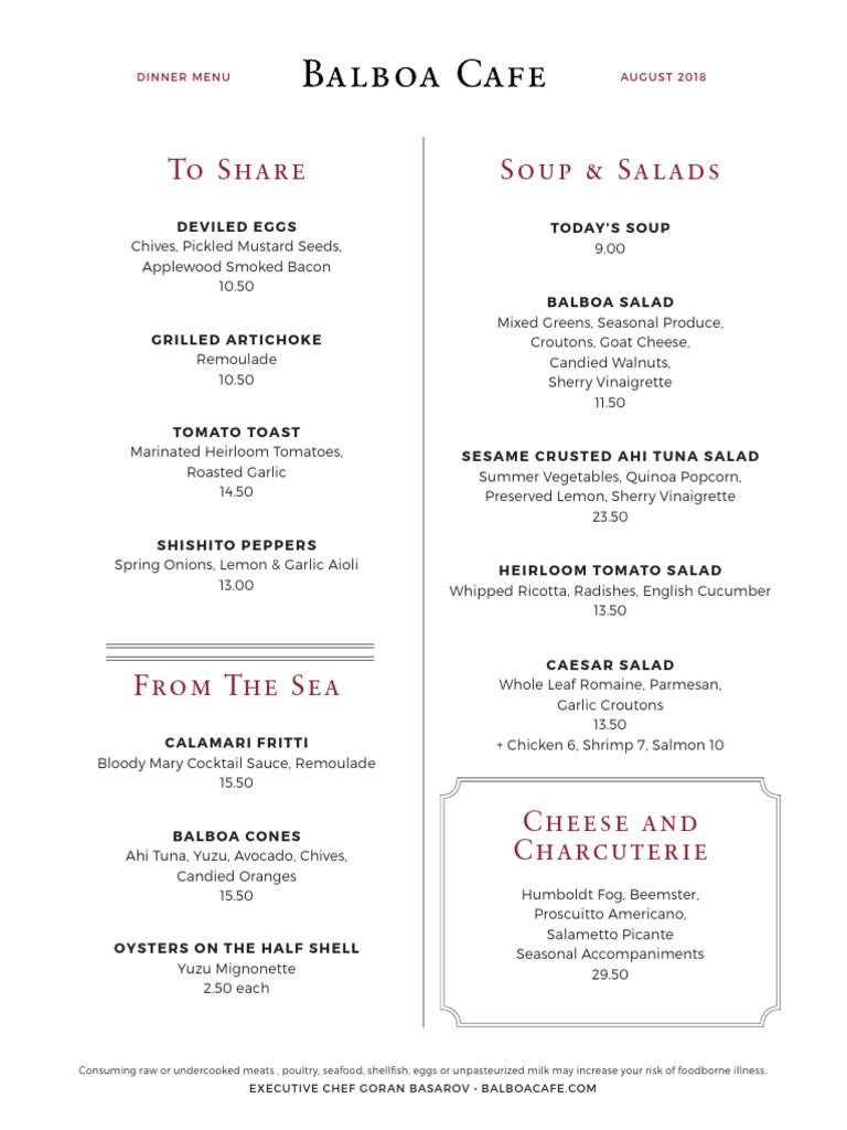 Balboa Cafe Dinner Menu | PDF | Salad | Foods