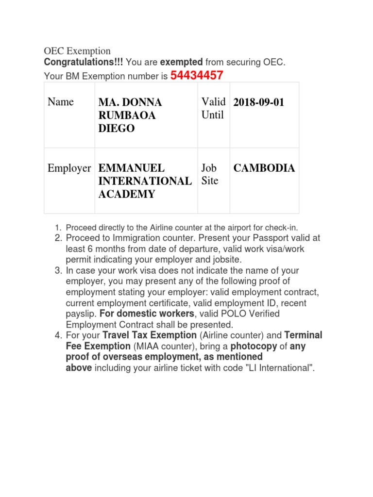 Donna OEC Exemption | PDF