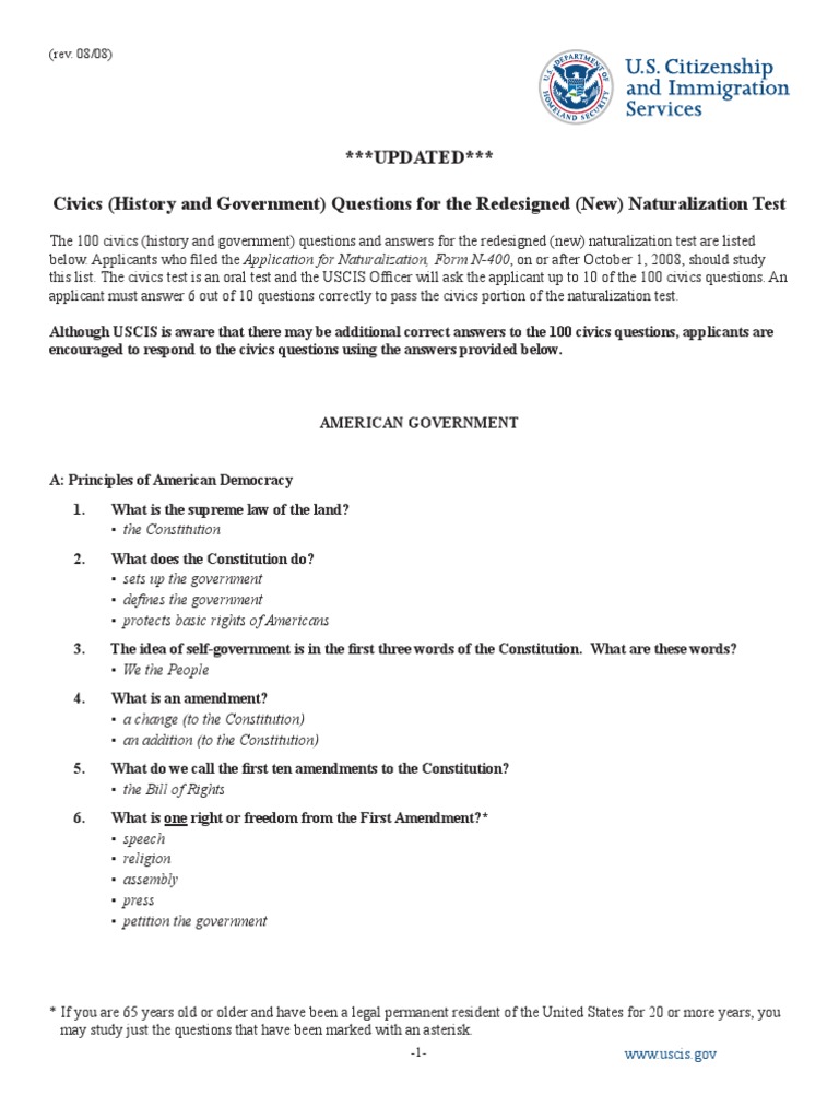 100 Civics Questions for Naturalization Test | PDF