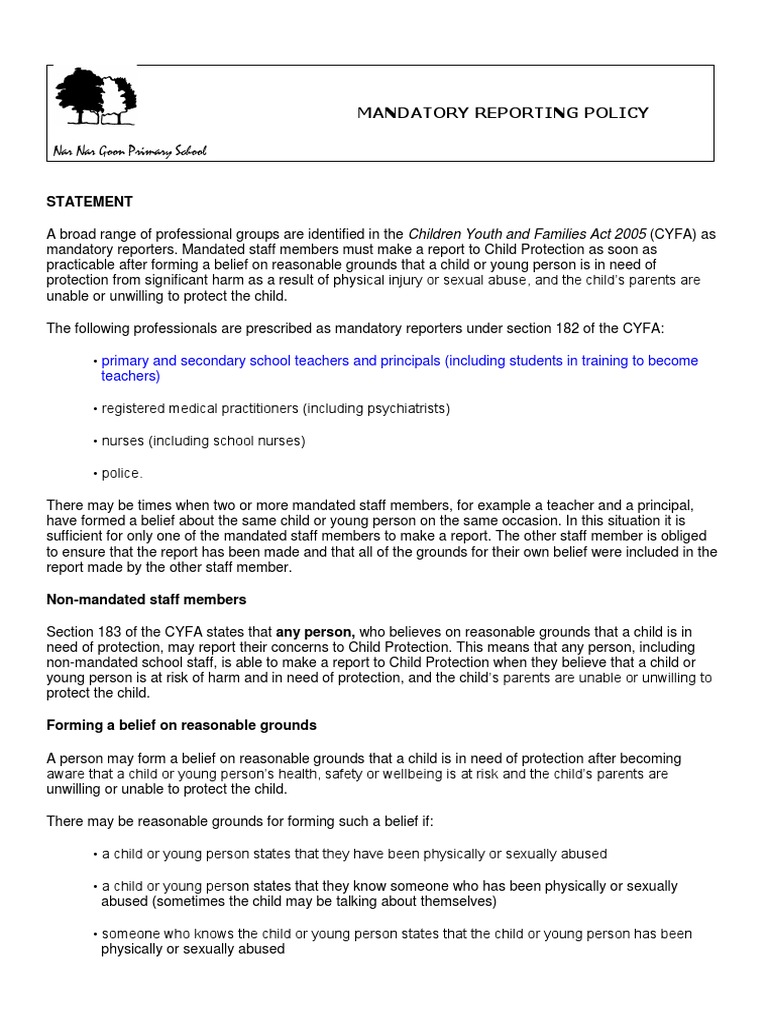 Nar Nar Goon Primary School: Mandatory Reporting Policy | PDF | Child ...