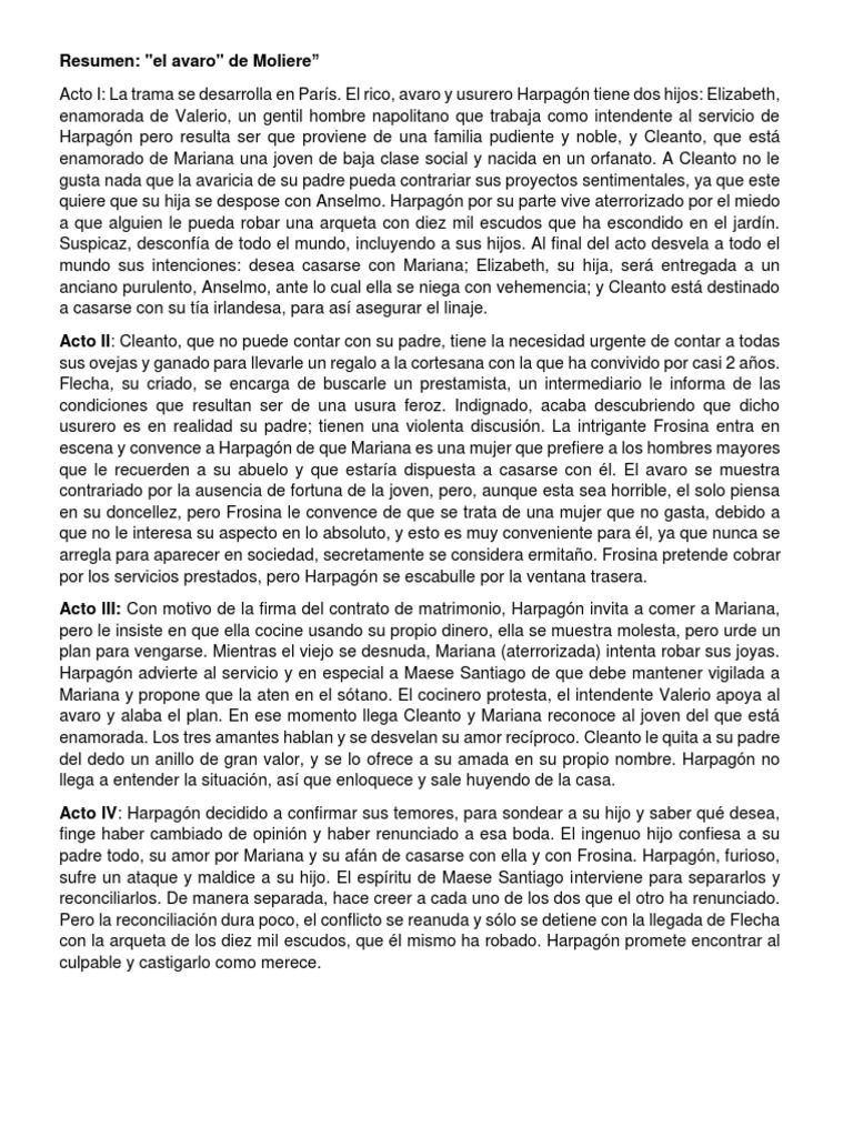 Resumen de "El Avaro" de Molière | PDF