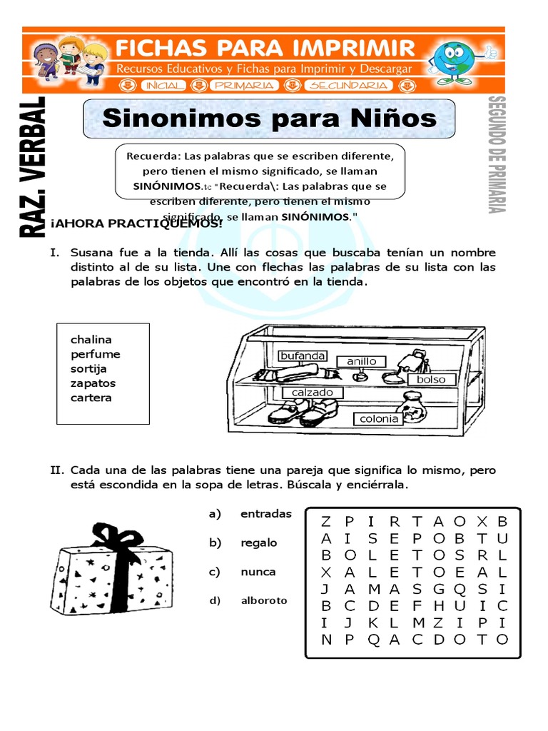 Ficha de Sinonimos Para Niños Para Segundo de Primaria Ficha de Sinonimos Para Niños Para Segundo de Primaria