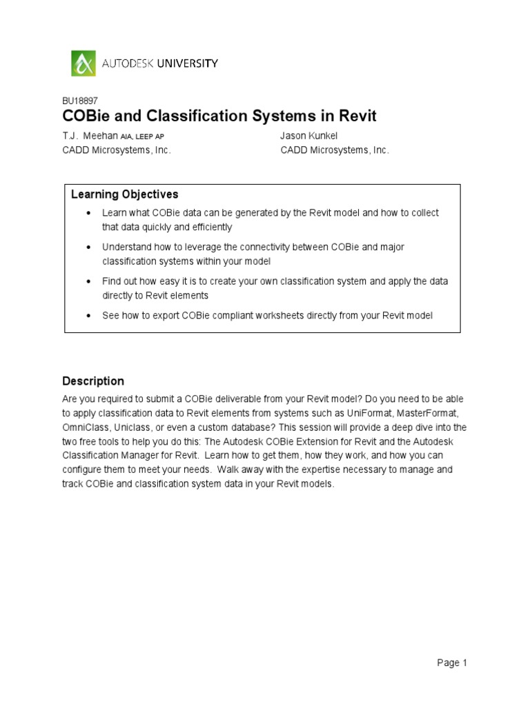 Cobie and Classification Systems in Revit: Learning Objectives | PDF | Autodesk Revit | Spreadsheet