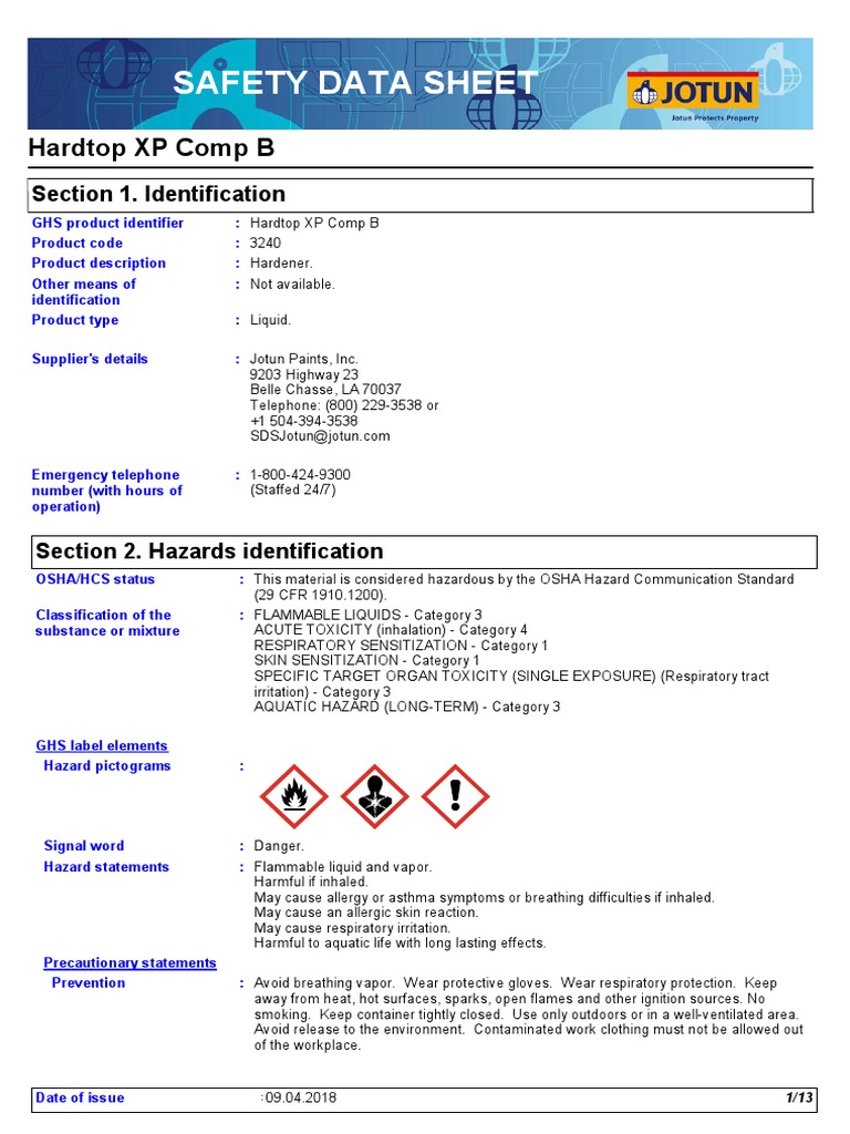 Msds Hardtop Xp b Jotun | Toxicity | Allergy
