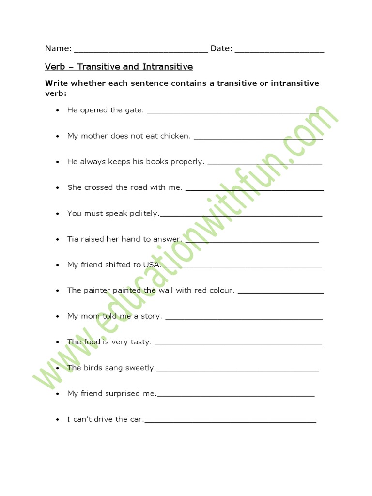 Grade 5 Transitive/Intransitive Verb Worksheet | PDF
