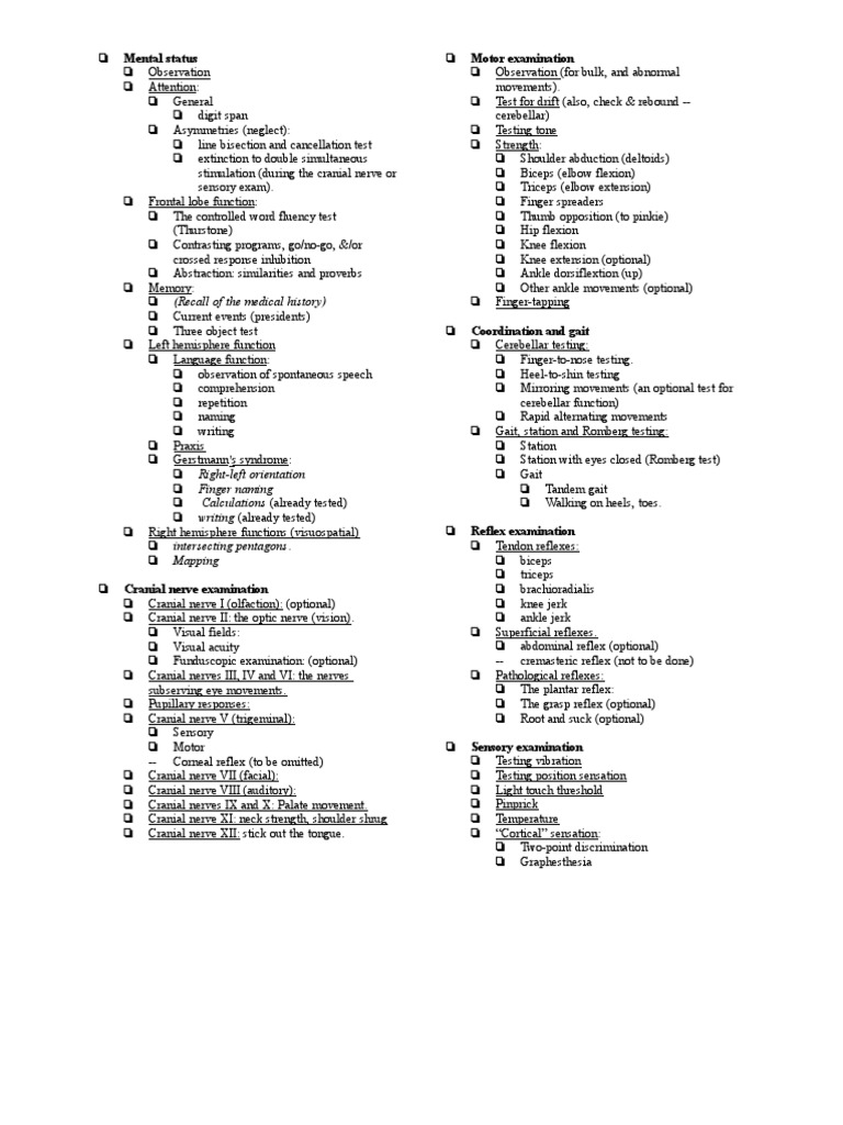 Neuro Exam Checklist 2008 | PDF | Anatomical Terms Of Motion | Human ...