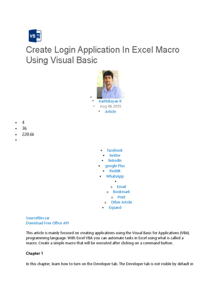 Create Login Application in Excel Macro Using Visual Basic: Karthikeyan K Article | PDF | Visual ...