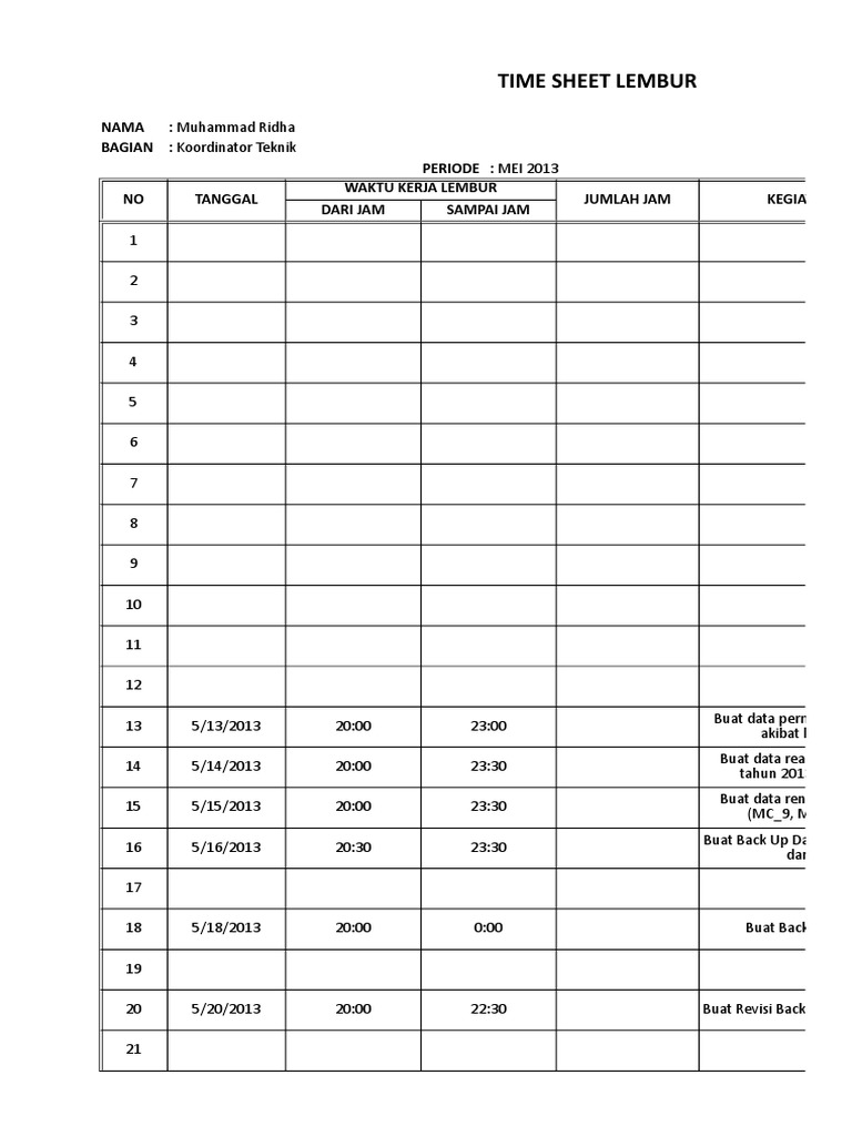 Time Sheet Lembur | PDF