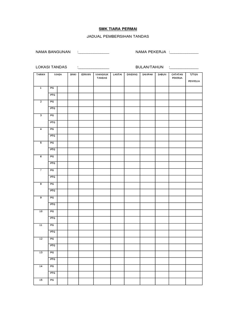 rekod pembersihan tandas