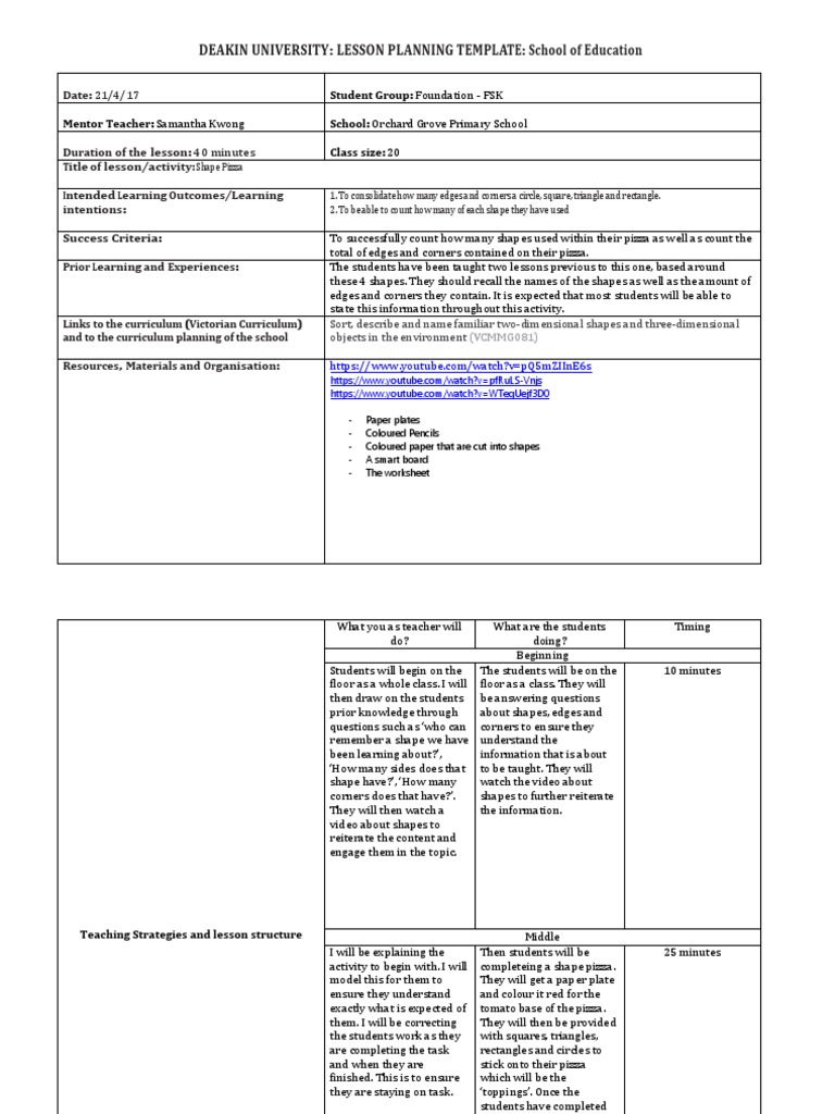Shape Pizza Lesson Plan - FSK | PDF | Shape | Curriculum