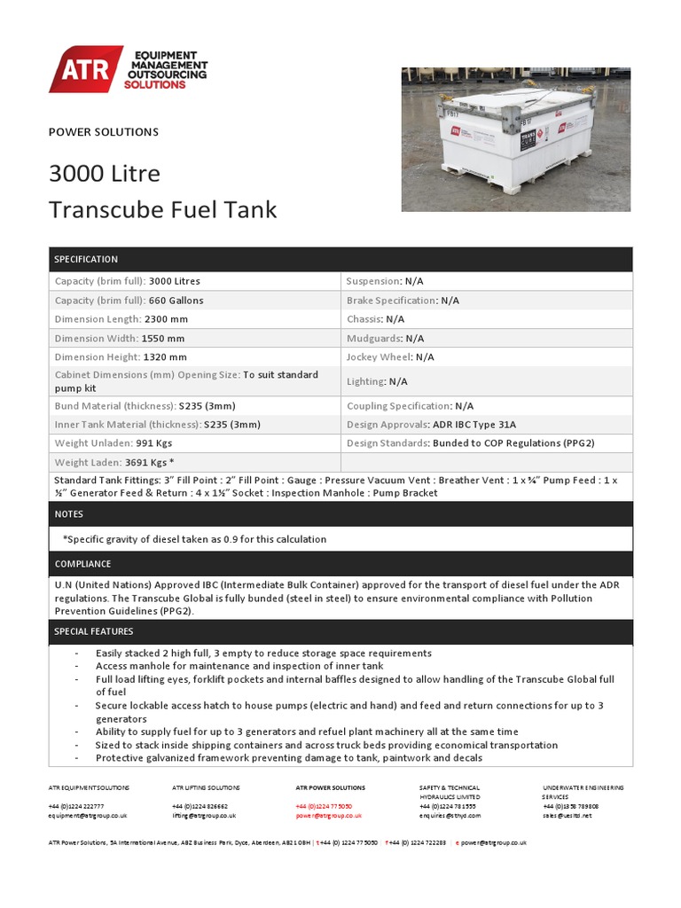 3000 Litre Transcube Fuel Tank Specs | PDF | Tanks | Pump