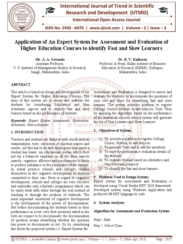 Application of An Expert System For Assessment and Evaluation of Higher ...