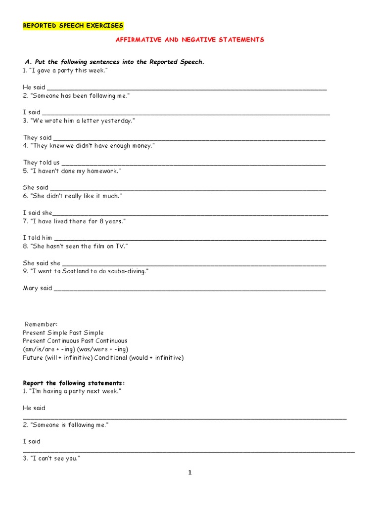 Reported Speech Exercisesfor Sixth Level | PDF | Question | Subject ...