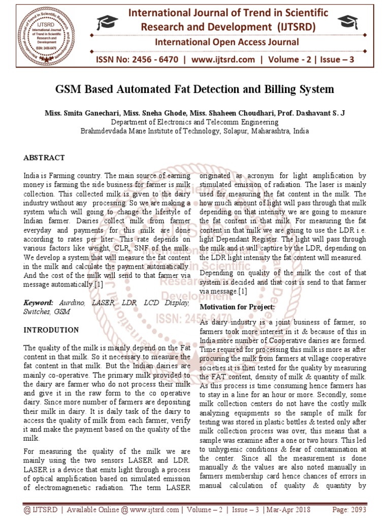 GSM Based Automated Fat Detection and Billing System | PDF | Dairy | Milk