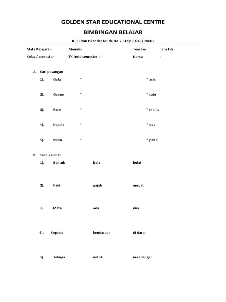 COntoh Soal Ujian TK | PDF