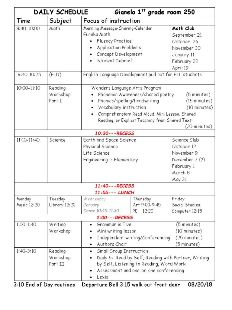 Gianelo 1st Grade Daily Schedule | PDF | Phonics | Reading (Process)