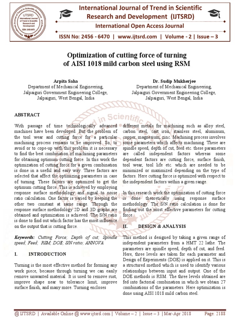 Optimization of Cutting Force of Turning of AISI 1018 Mild Carbon Steel Using RSM | PDF | Errors ...