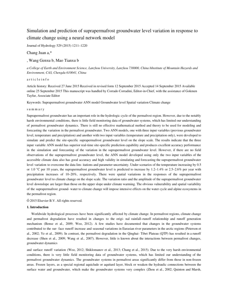 Simulation and Prediction of Suprapermafrost Groundwater Level Variation in Response To Climate ...