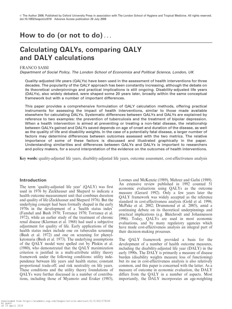 Calucatiing QALY Comparing QALY and DALY Calculations | PDF | Health ...