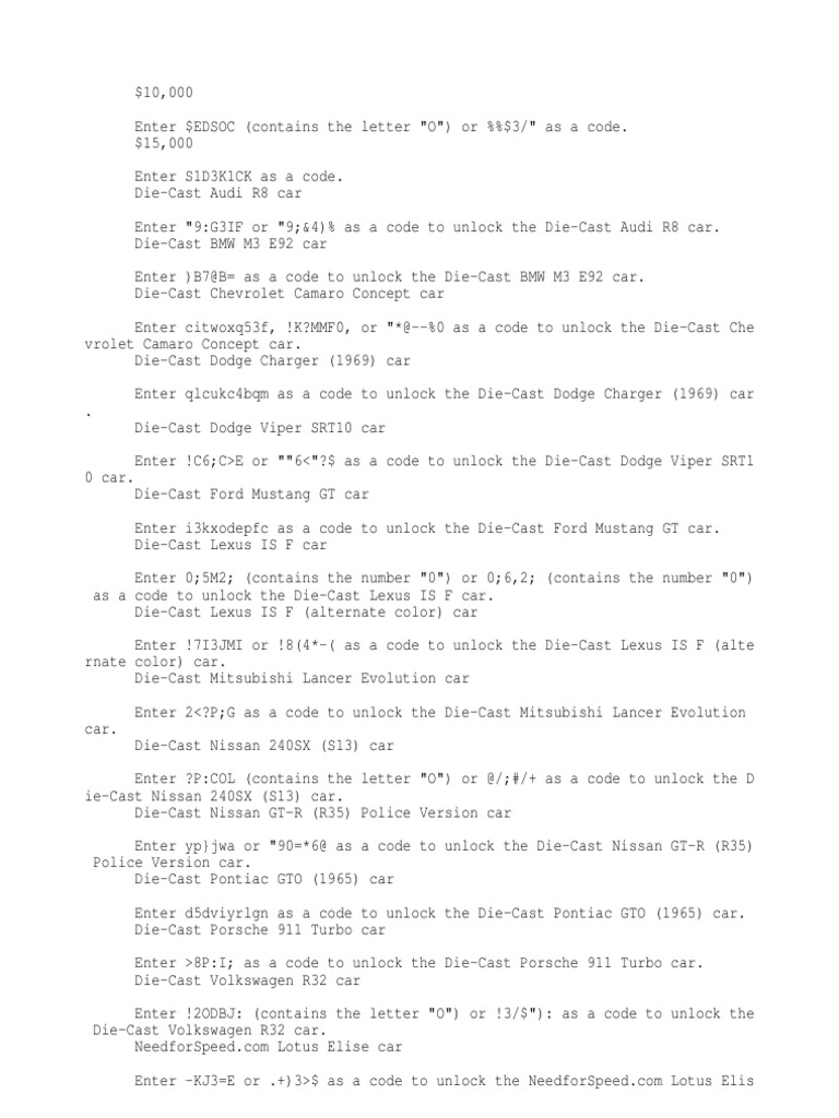 NFS Cheat Codes and Unlockables Guide | PDF