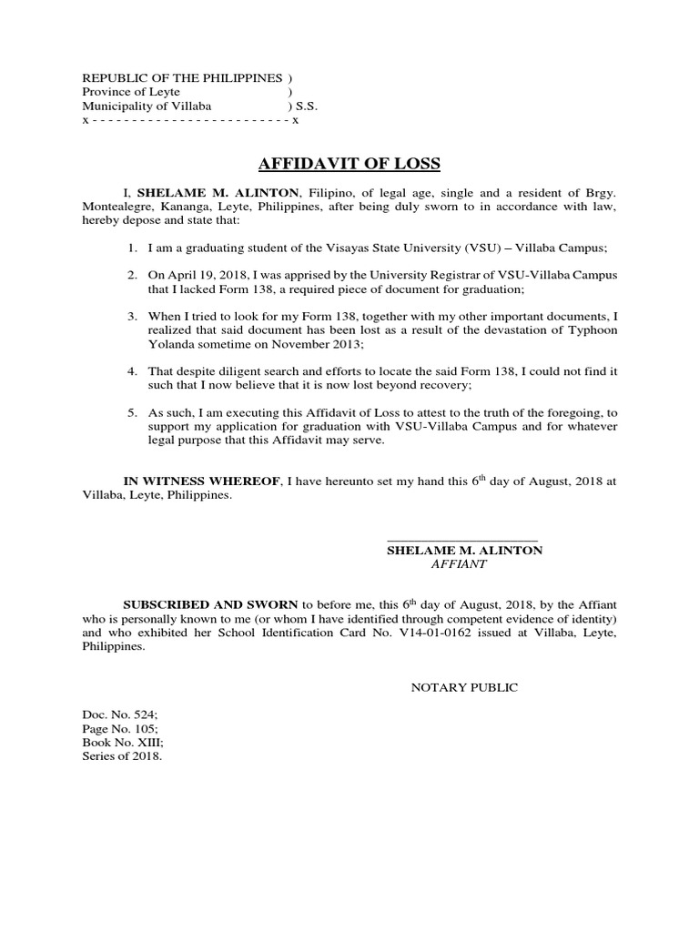 Affidavit of Loss Form 138 Shelame | PDF