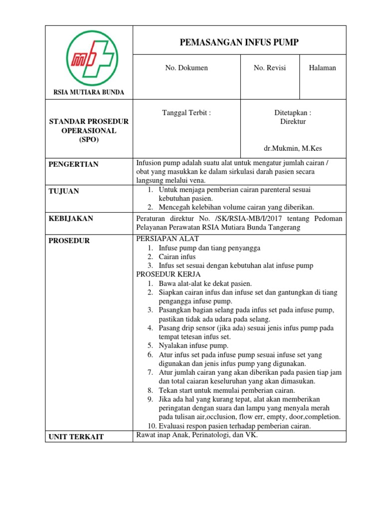 SOP Pemasangan Infus dan Syringe Pump | PDF
