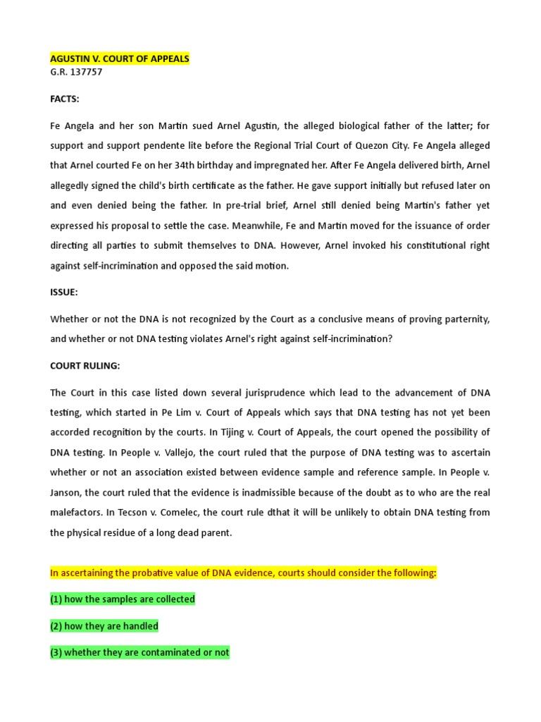 Agustin V. Court of Appeals: in Ascertaining The Probative Value of DNA ...