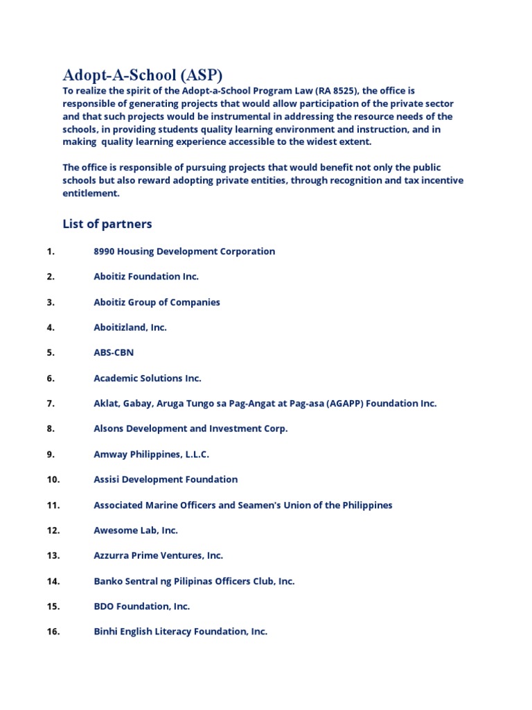 Adopt-A-School Program Partners List | PDF | Companies | Economies