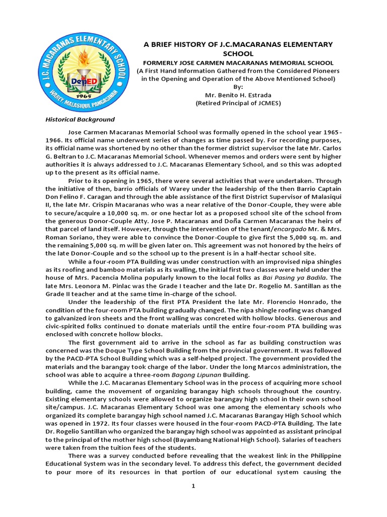 History of J.C. Macaranas Elementary School | PDF