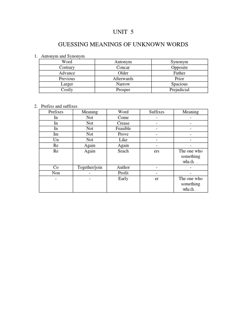 Unit 5 Guessing Meanings of Unknown Words | PDF