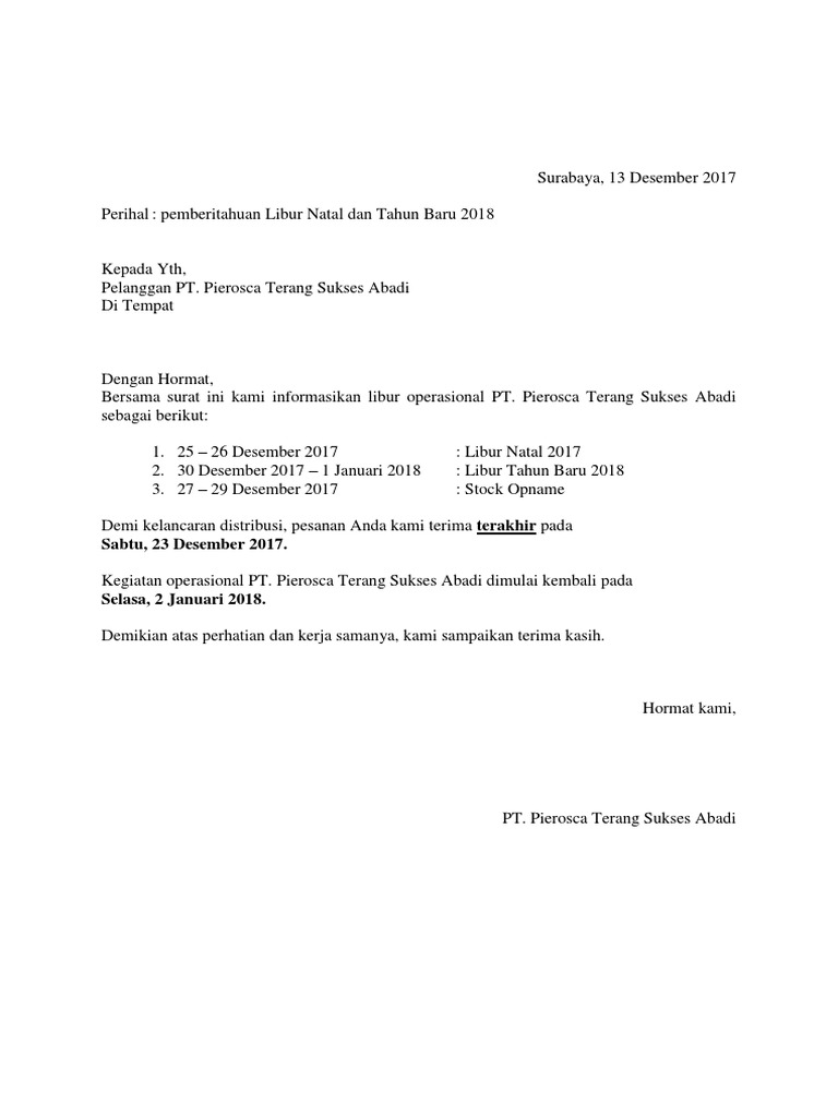 Libur Natal dan Tahun Baru 2018 PT Pierosca | PDF | Griya & Taman