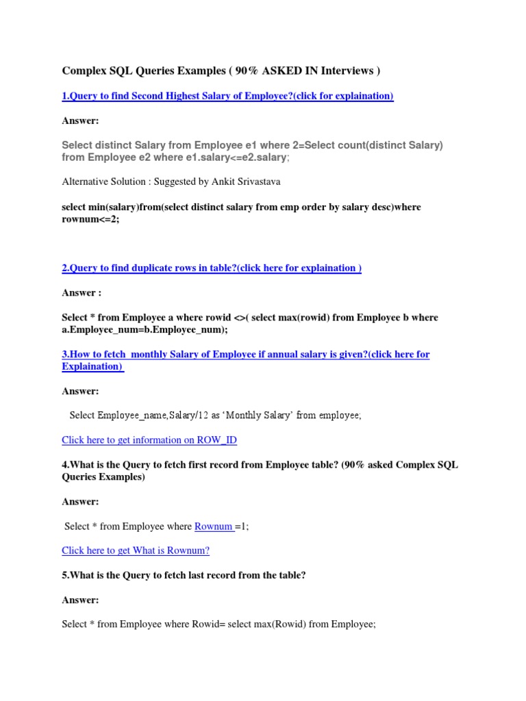 Complex SQL Interview Questions | PDF | Computer Programming | Areas Of ...