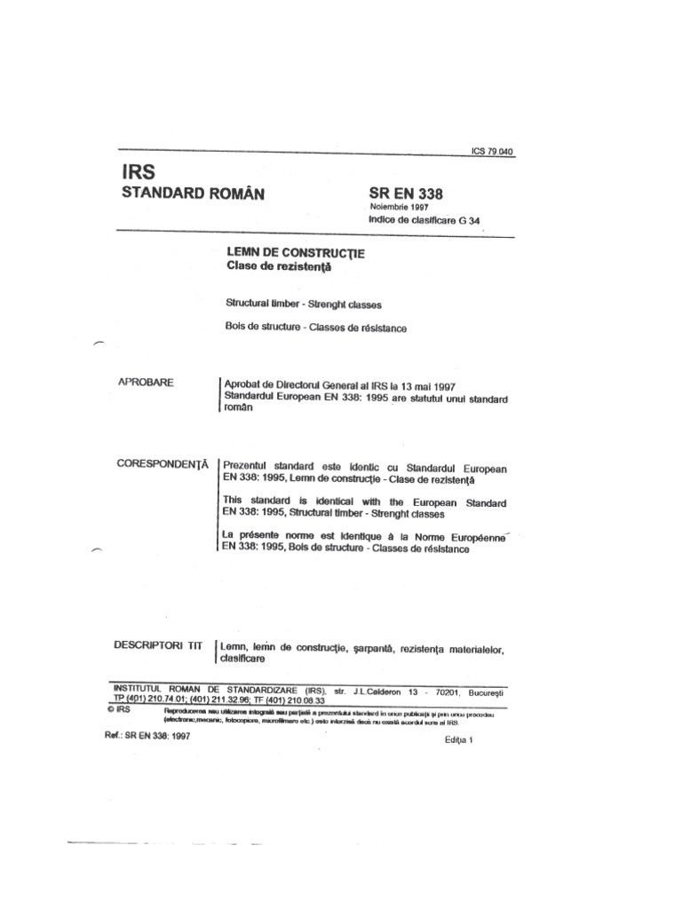 SR en 338 Lemn de Constructie Clase de Rezistenta PDF | PDF