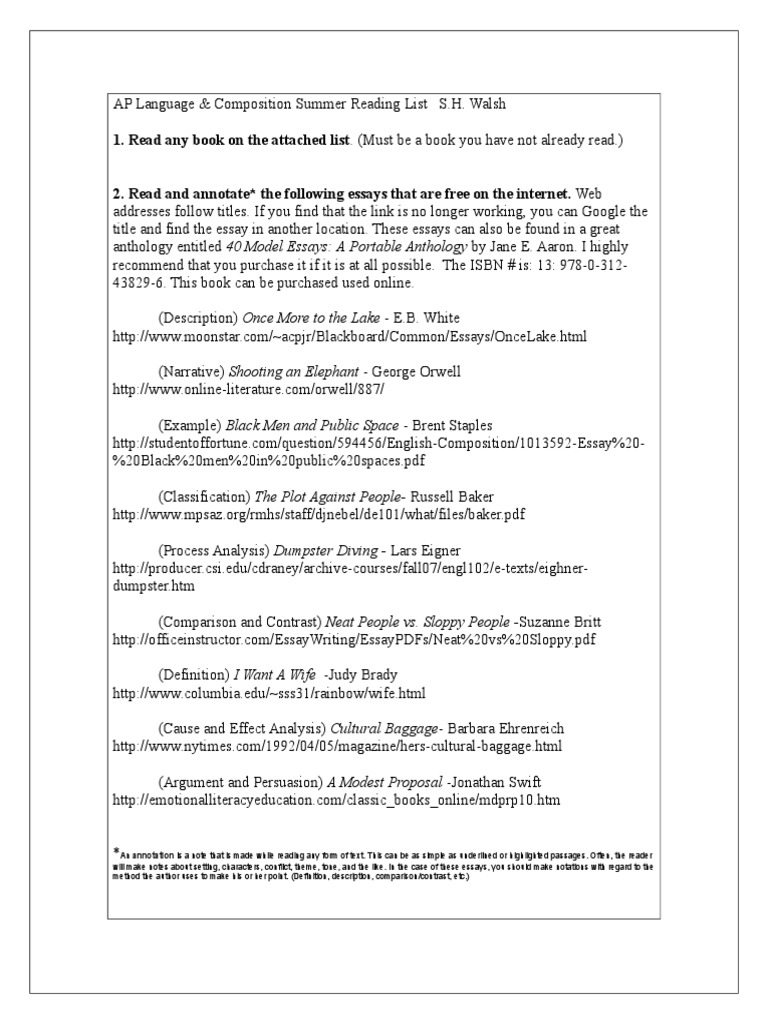 AP Language Summer Reading | PDF | Essays | Novels