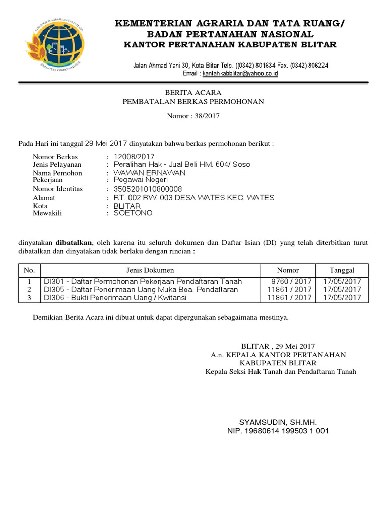 Contoh Pembatalan Berkas | PDF