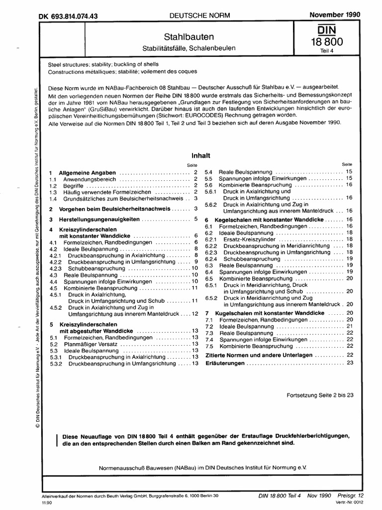 DIN 18800-4 1990 (Steel Structures, Stability, Buckling of Shells) PDF | PDF