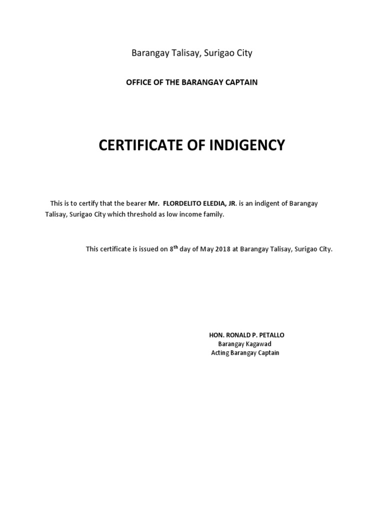Certificate of Indigency