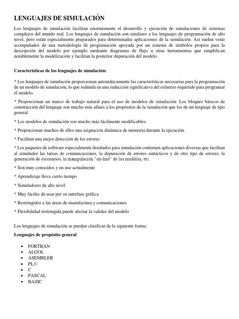 Lenguajes de Simulación | PDF | Lenguaje de programación | Simulación
