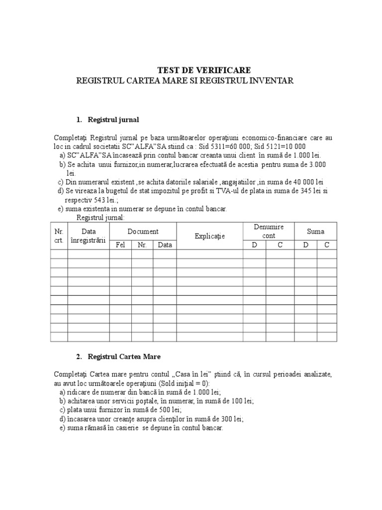 Test Contabilitateregistrul Jurnal Si Cartea Mare | PDF